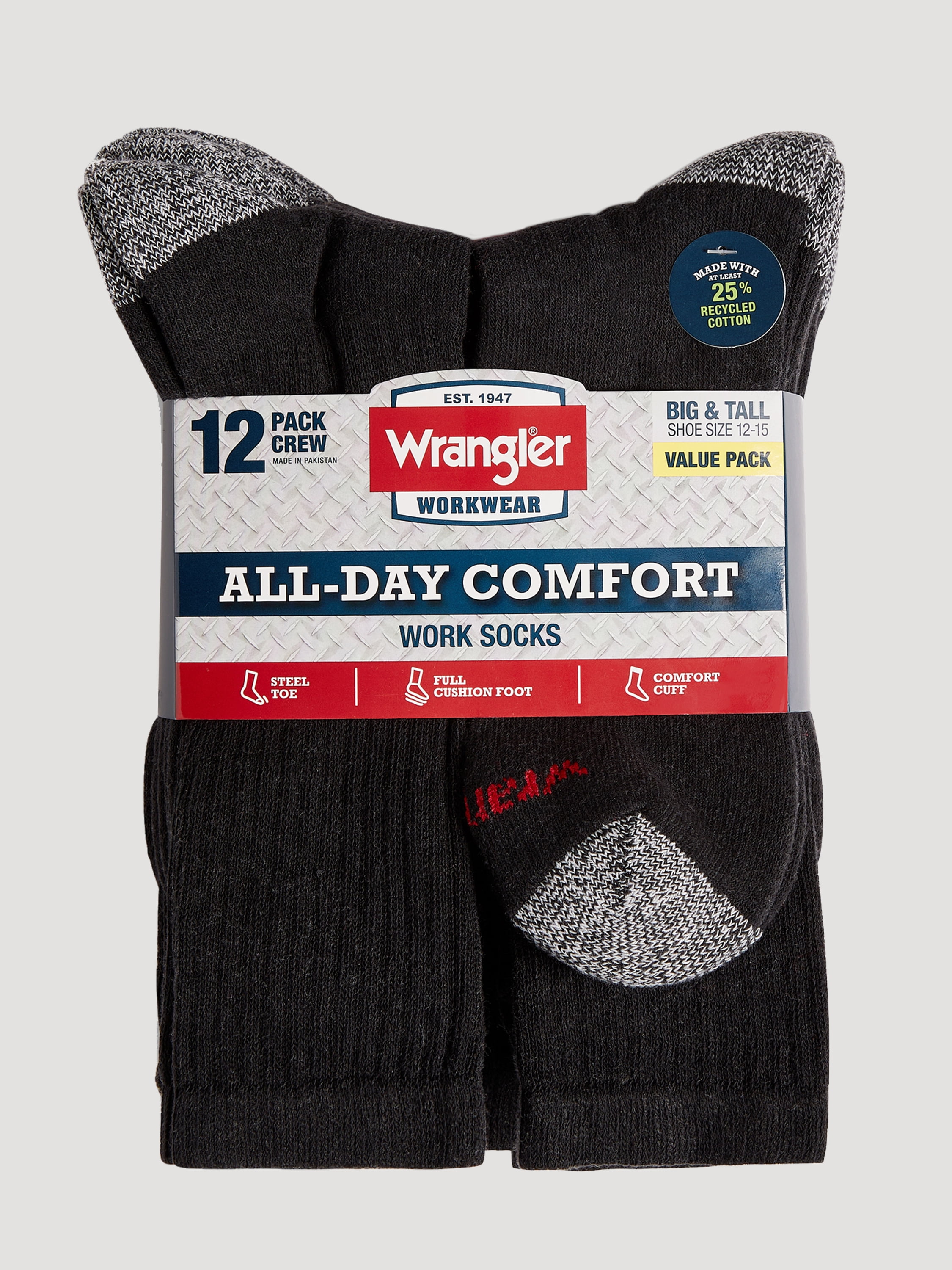 Wrangler Cushioned Crew Work Socks for Men, Polyester Blend, 12 Pairs ...