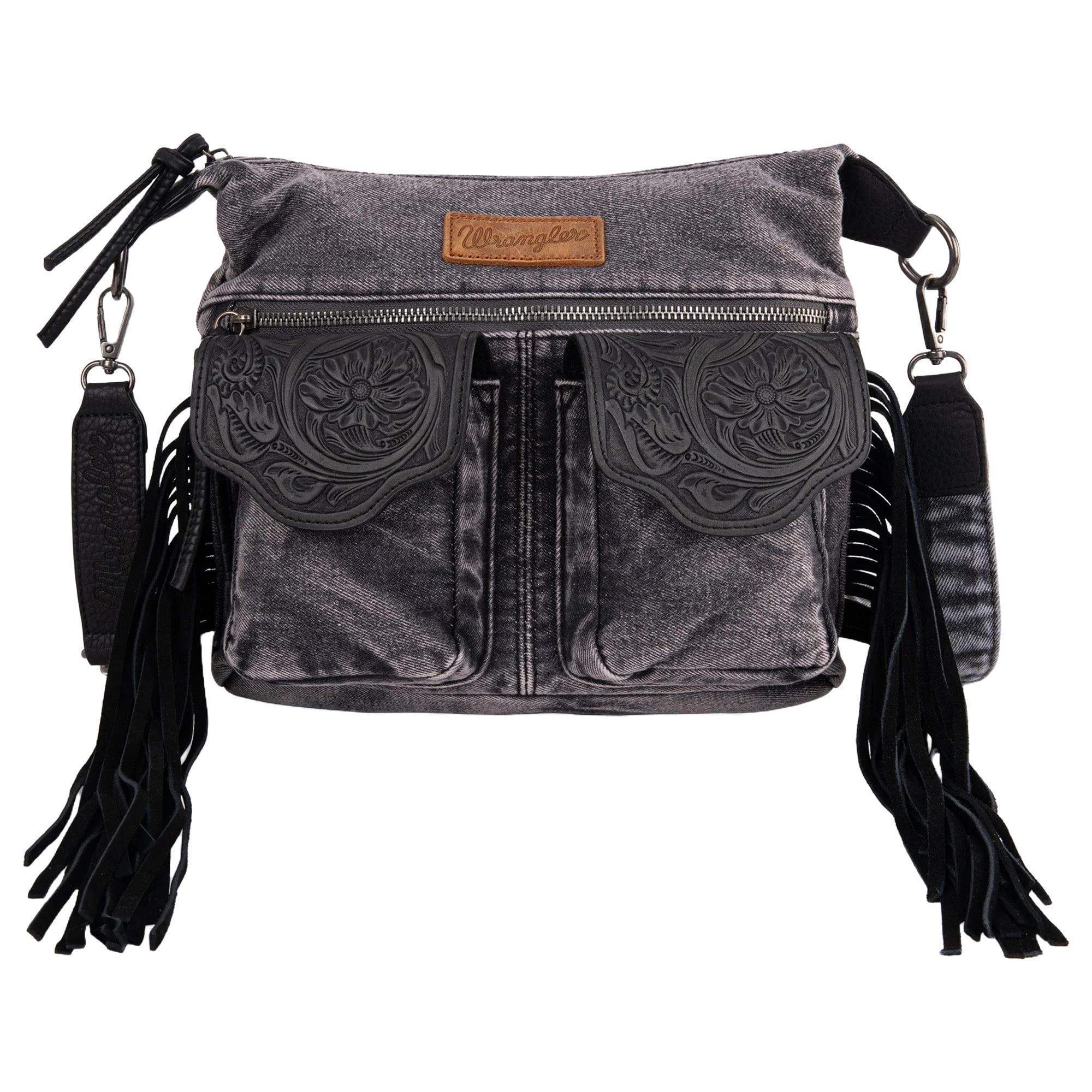 Wrangler Ladies Fringe Floral Tooled Black Denim Crossbody Bag WG103-2009SBK - Walmart.com