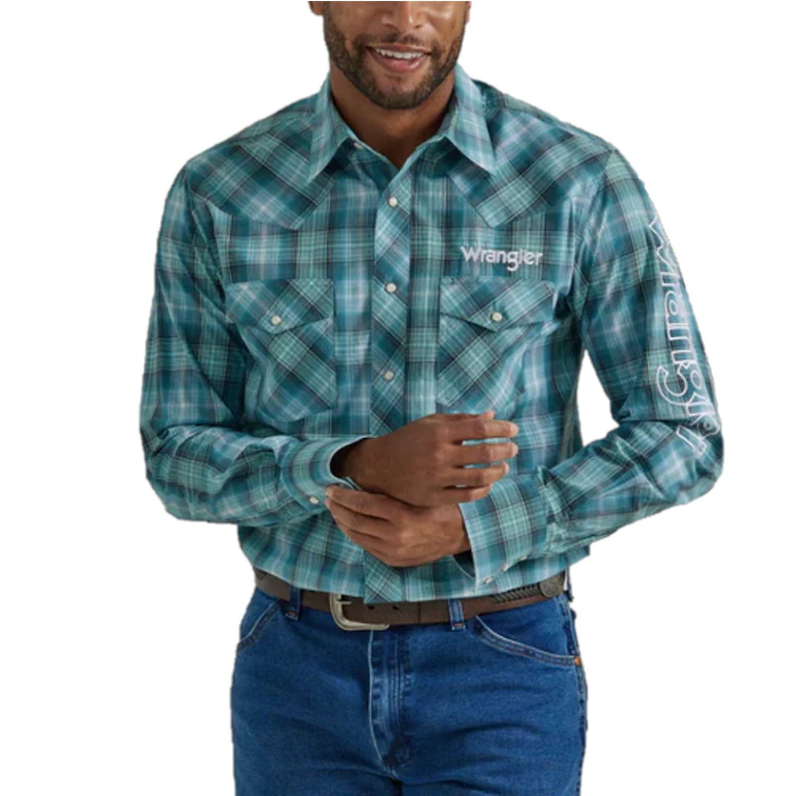 Wrangler® Men's Light Blue Plaid Logo Button Down Shirt 2330339 ...