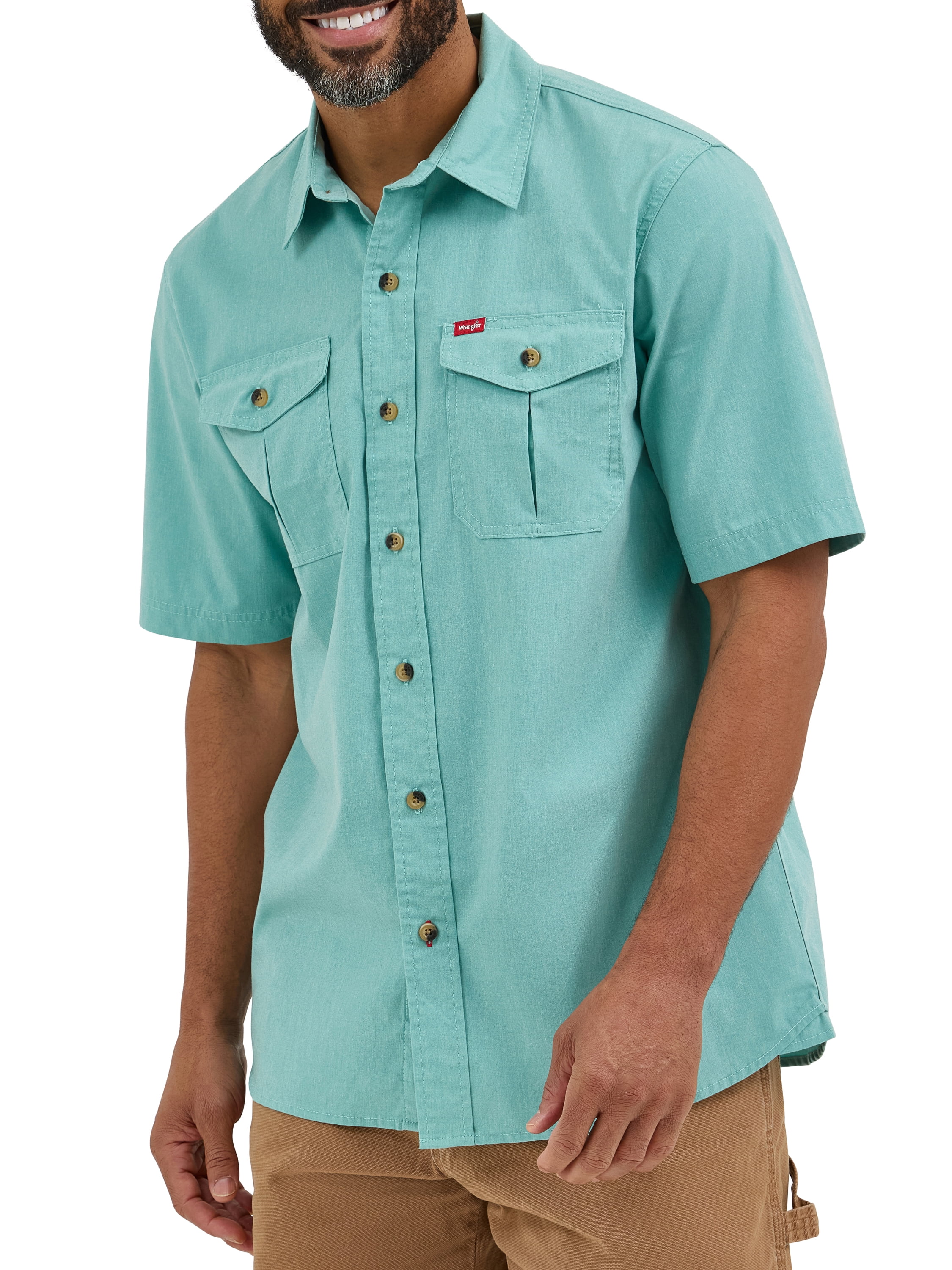 Wrangler Men's Relaxed Stretch Poplin Short Sleeve Shirt, S-5XL, Button ...
