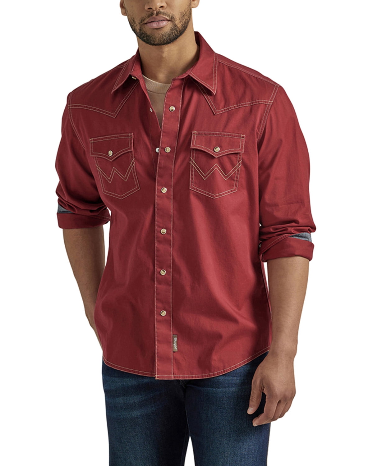 Wrangler Men's Retro Premium Solid Long Sleeve Snap Western Shirt Dark ...