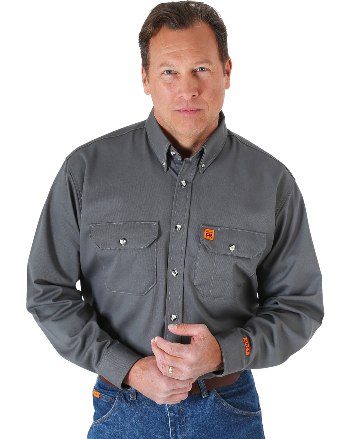 Wrangler Men's Riggs Fr Long Sleeve Button Down Work Shirt Grey Tall ...