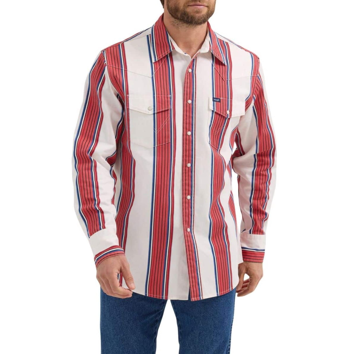 Wrangler Men's Vintage Inspired Red White Striped Snap Button Shirt ...