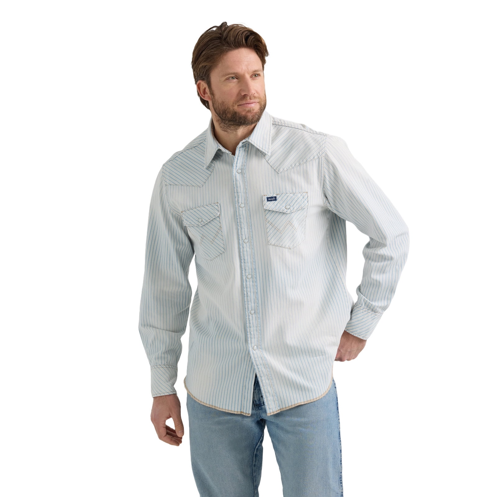 Wrangler Men's White Blue Stripe Snap Button Shirt 112353270 - Walmart.com