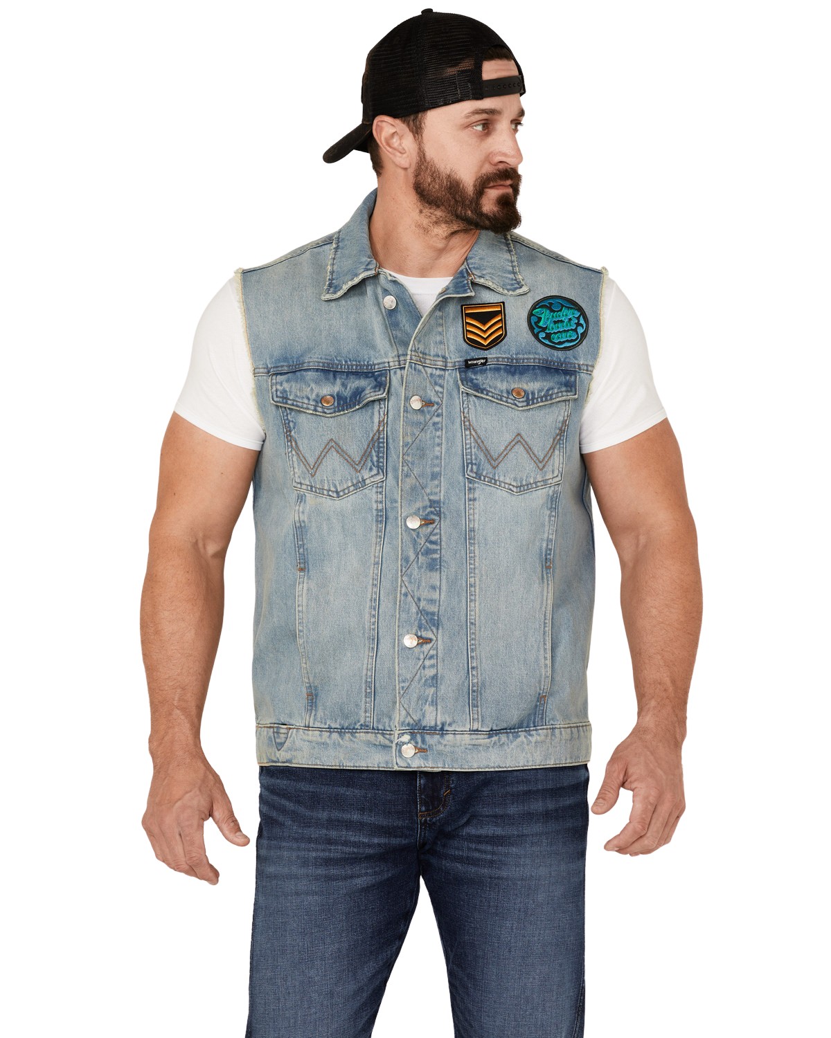 Wrangler Men's X Fender Cowboy Rockstar Patch Denim Vest Indigo X-Large ...