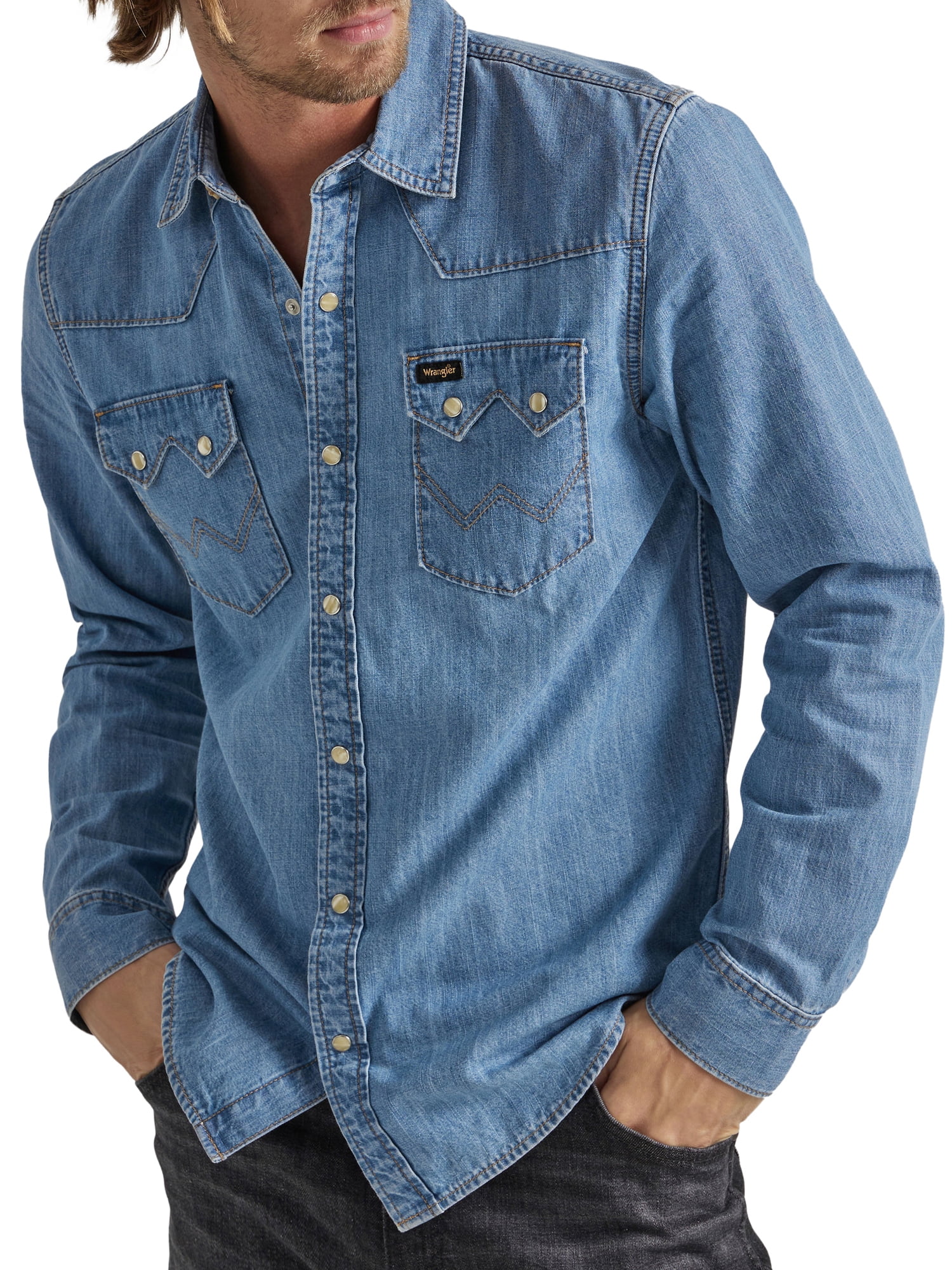 Wrangler® Men's and Big Men's Long Sleeve Denim Shirt with Snap Closure ...