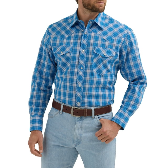 Wrangler Men's Regular Fit Long Sleeve Western Shirt, Cotton Blend ...
