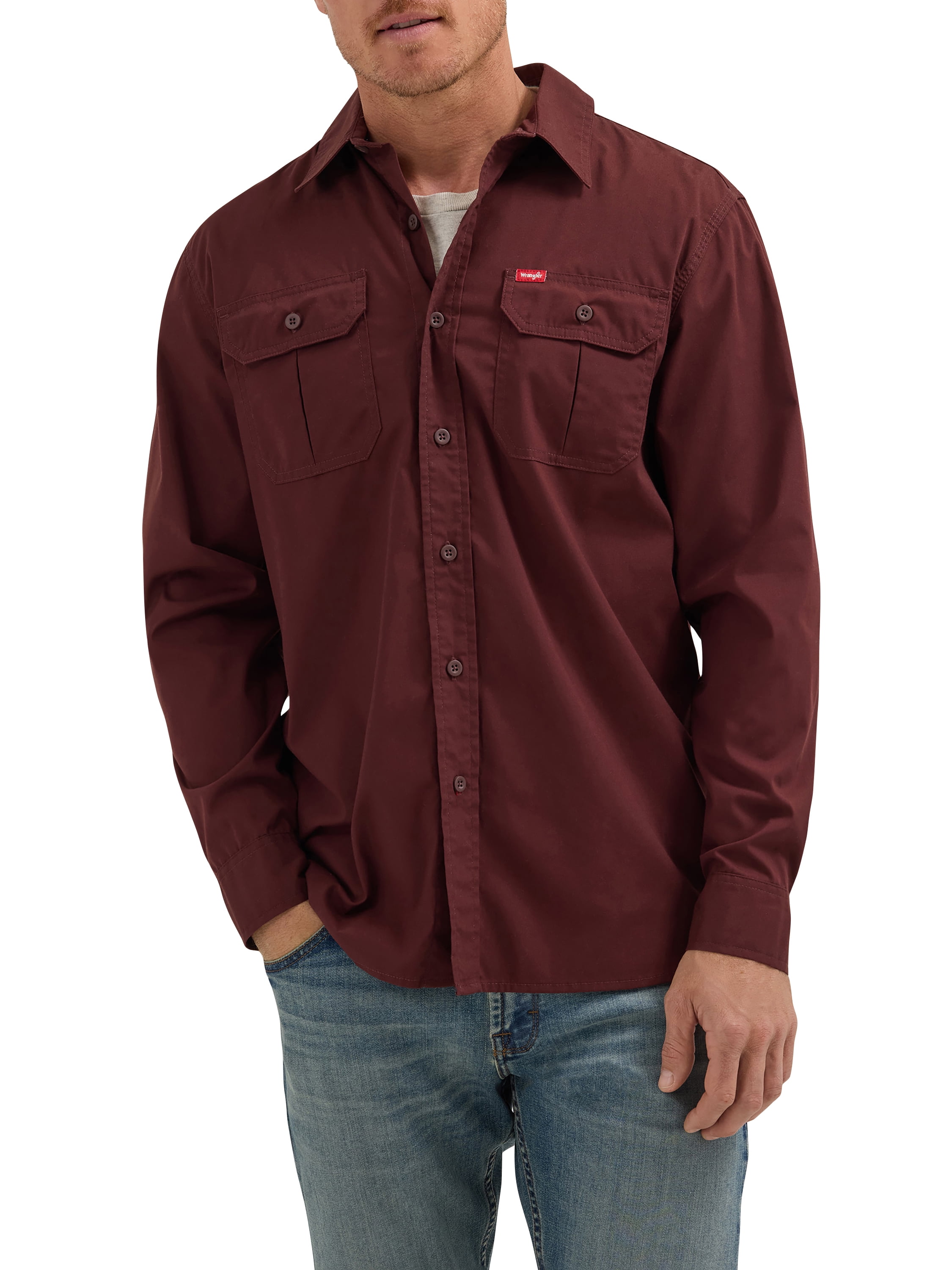 Wrangler® Men's and Big Men's Relaxed Fit Long Sleeve Woven Shirt, S ...