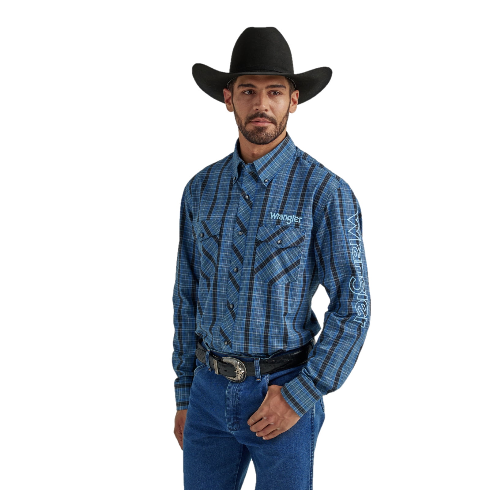 Wrangler Men's Logo Plaid Print Blue Western Button Down Shirt ...