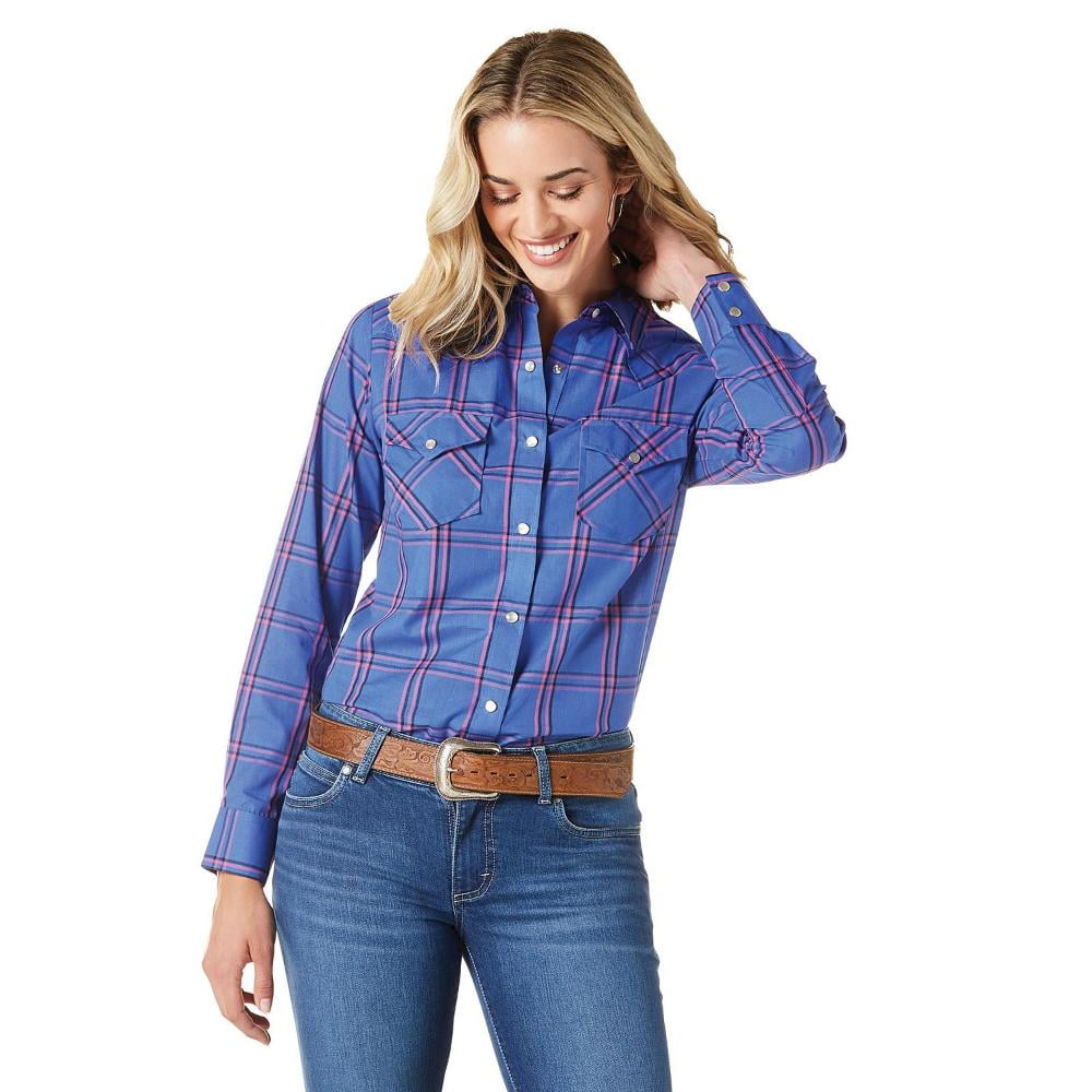 Wrangler Women's Long Sleeve Western Snap Plaid Shirt, Slim Fit, Cotton ...