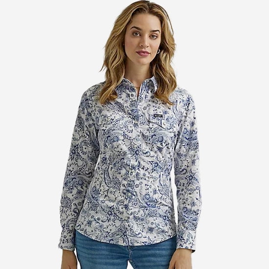 Wrangler Women's Retro Paisley Print Long Sleeve Snap Western Shirt ...