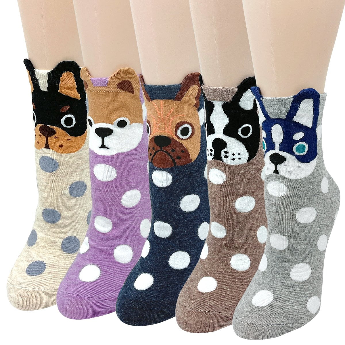 Wrapables Animal Print Crew Socks Set of 5, Boston Terrier Design ...