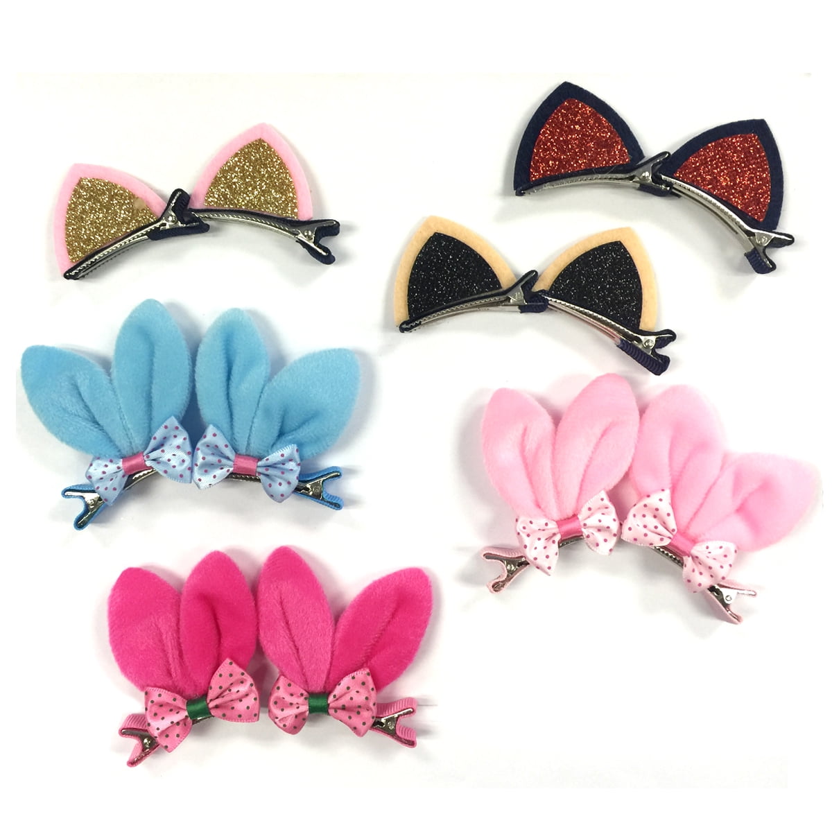 Wrapables® Rabbit and Cat Ears with Bow Alligator Hair Clips (Set of 6 ...
