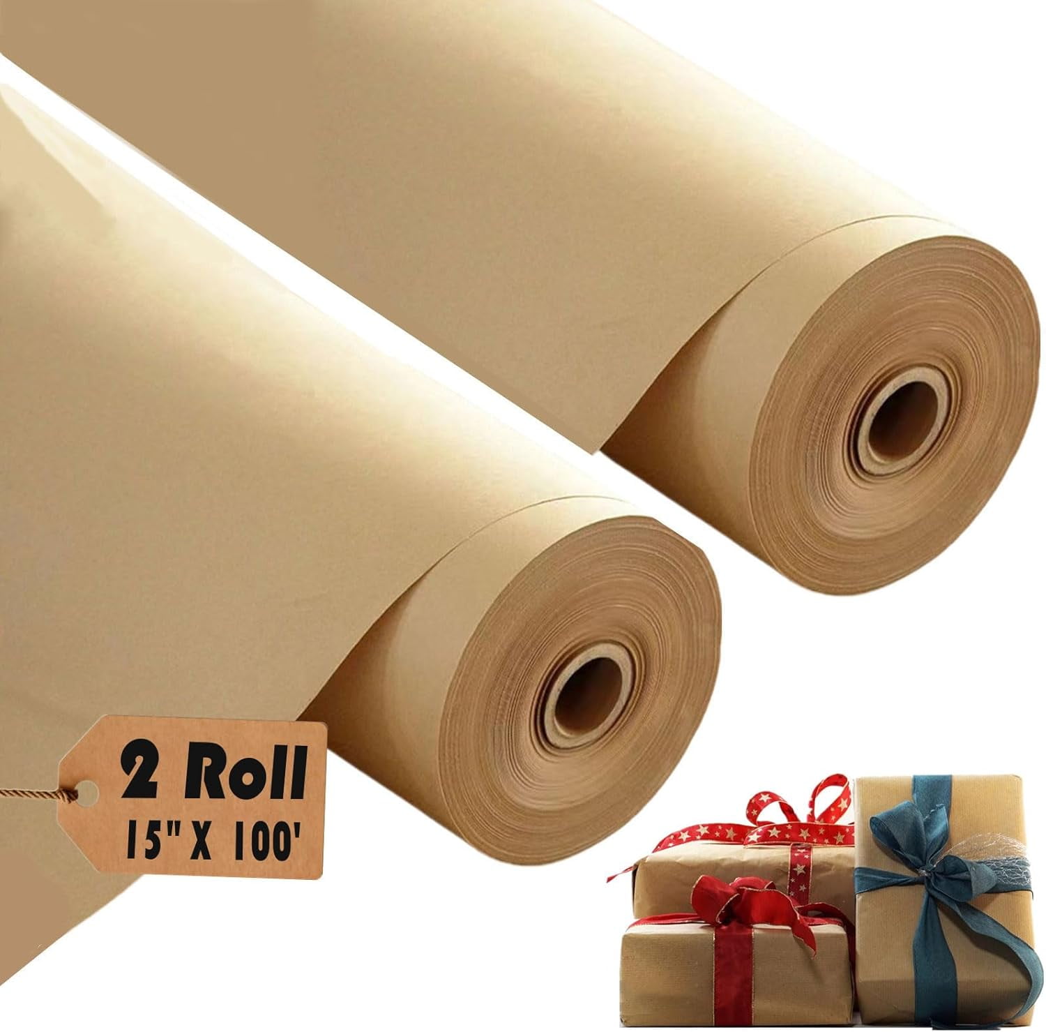 Wrapping Paper, 2 Roll Brown Crafts Paper Roll, 15" x 100ft, Kraft Paper Roll for Gift Packing ...