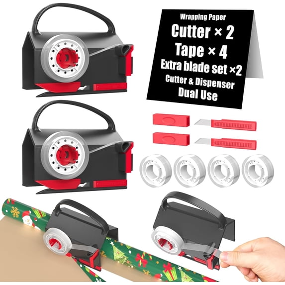 Wrapping Paper Cutter(2-Pack) & Tape Dispenser Dual Use with 4 Tapes ...
