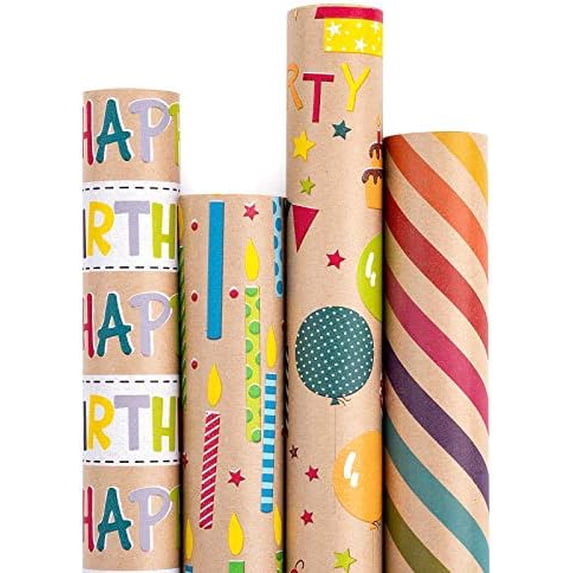 Wrapping Paper Kraft Paper - Colorful Birthday Wrap Design - 4 Rolls ...
