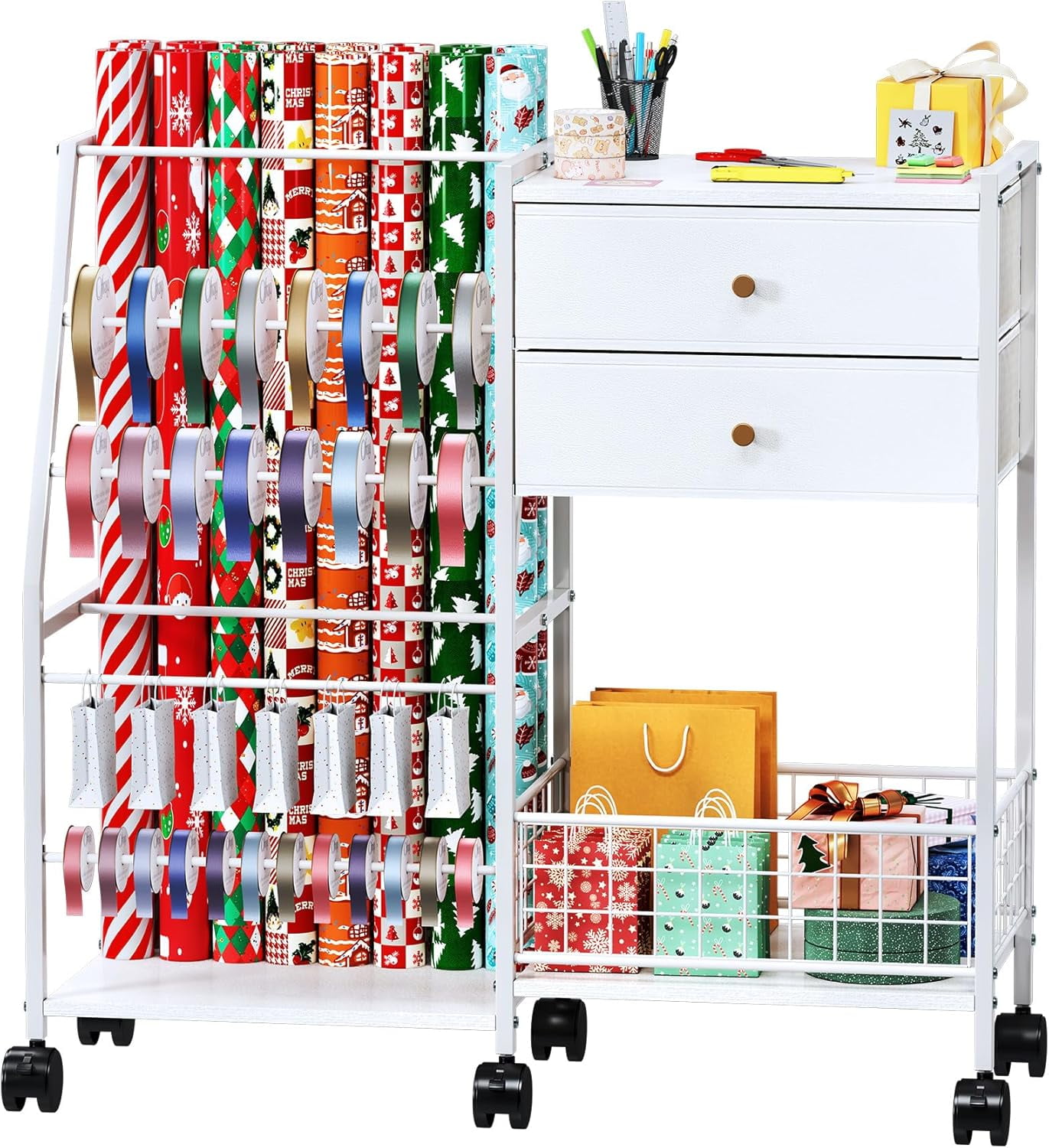 Wrapping Paper Organizer Storage Cart with 2 Large Drawers, Ribbon ...