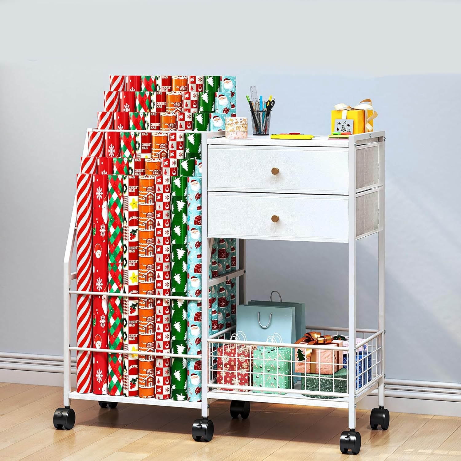 Wrapping Paper Organizer Storage Cart, Ribbon Organizer and Gift Wrap ...