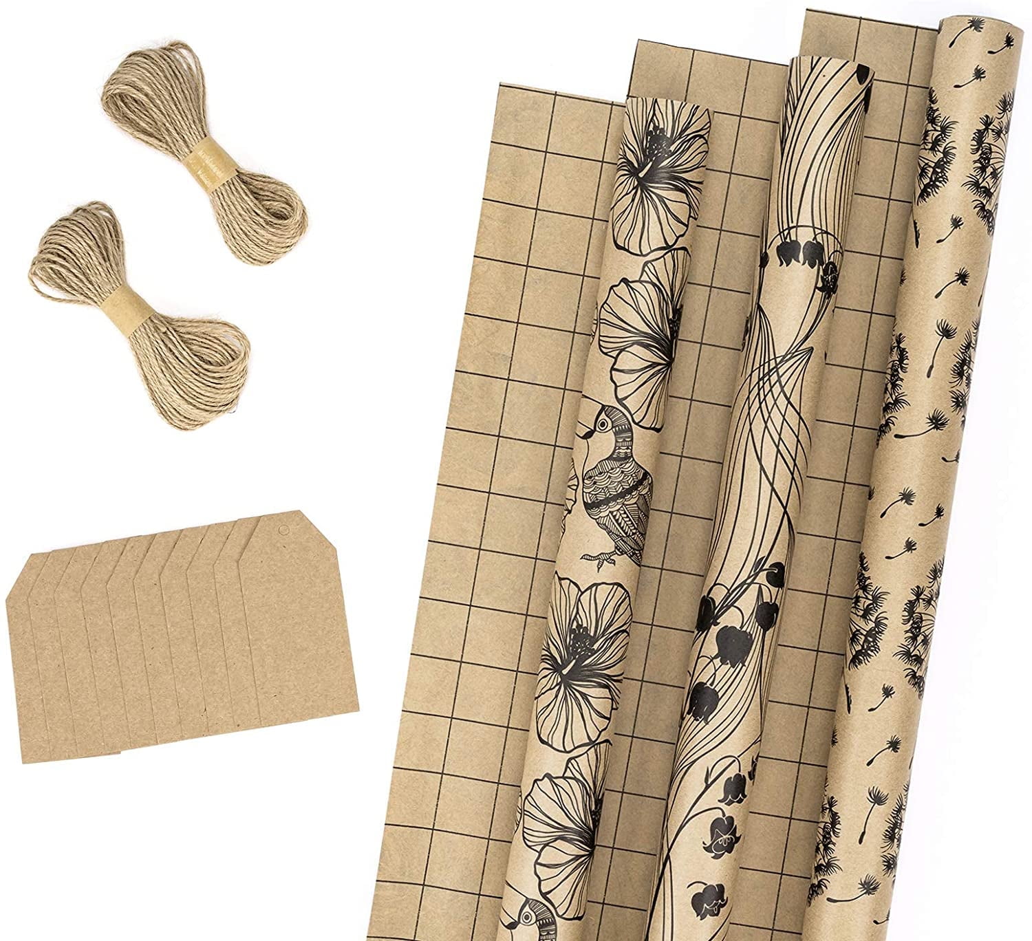 Wrapping Paper Rolls with Tags, Jute String - 17 inches x 10 feet per ...