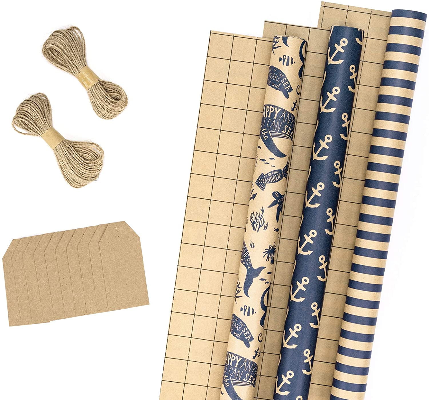 Wrapping Paper Rolls with Tags, Jute String - 17 inches x 10 feet per ...