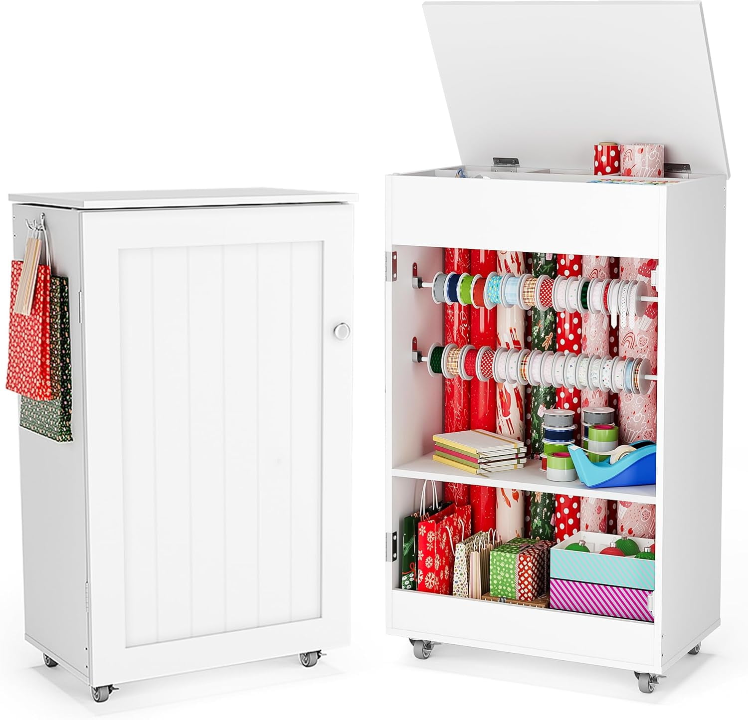 Wrapping Paper Stora Cabinet, Rolling Gift Wrap Organizer Cart with ...