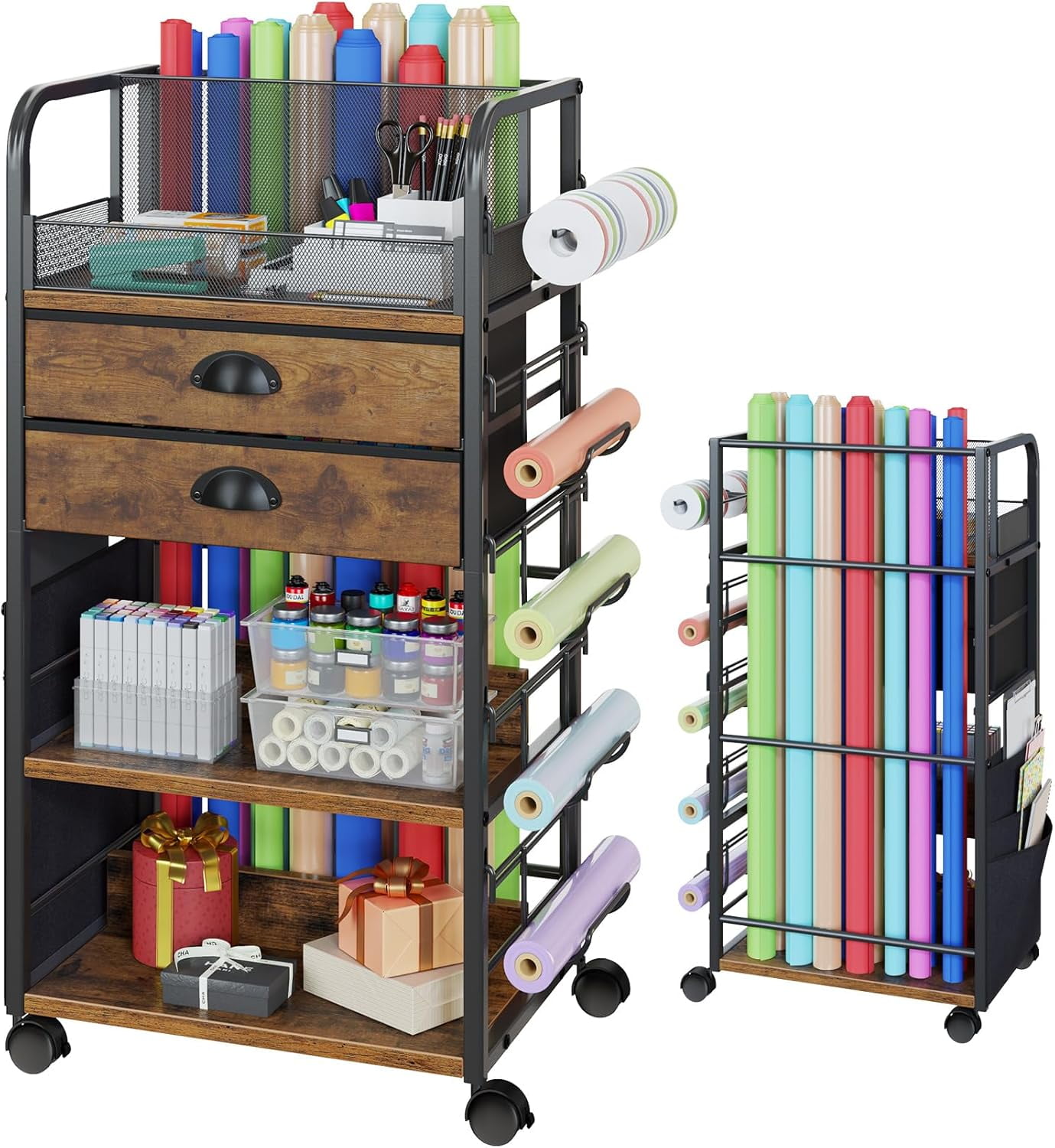 Wrapping Paper Storage Cart with 2 Fabric Drawers, Side Pockets and ...