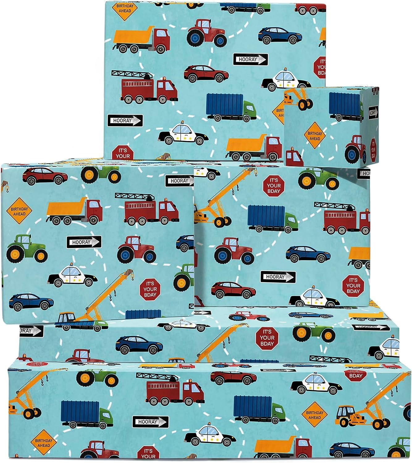 Boys' Birthday Wrapping Paper - 6 Sheets Construction Theme Wrap ...