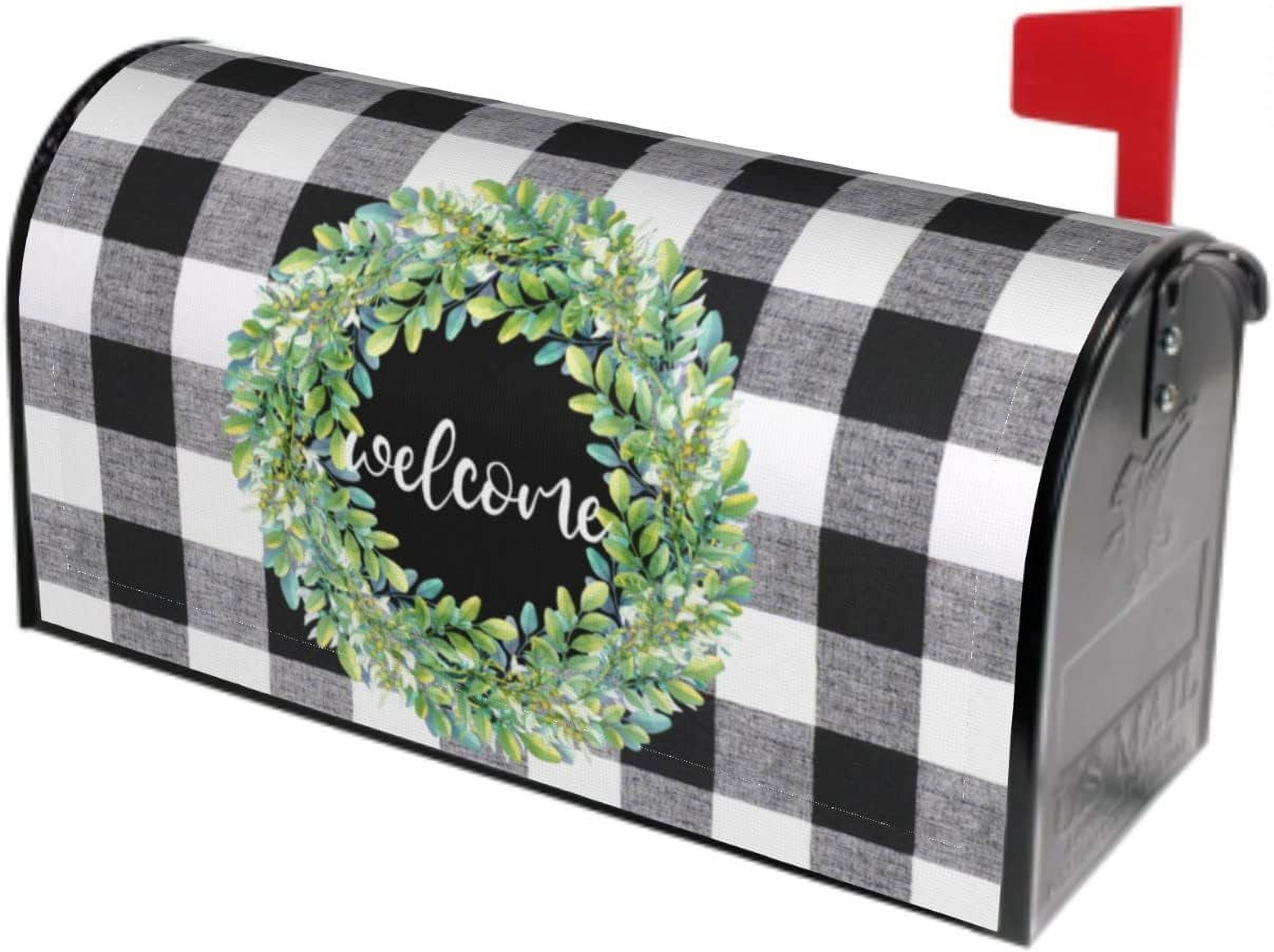Wreath Buffalo Plaid Mailbox Cover Magnetic Black White Plaid And ...