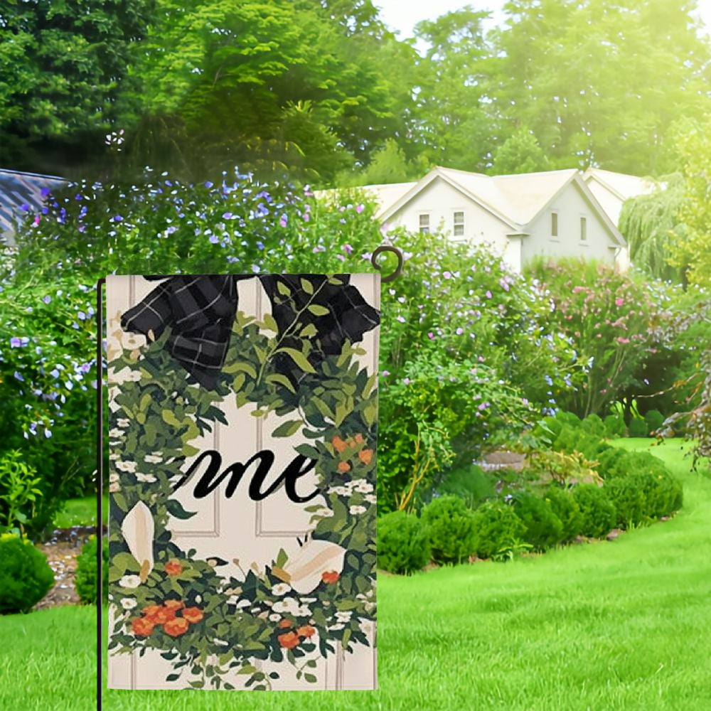 Wreath Flag,Vertical Burlap Yard Flag Buffalo Plaid Bow Porch Yard ...