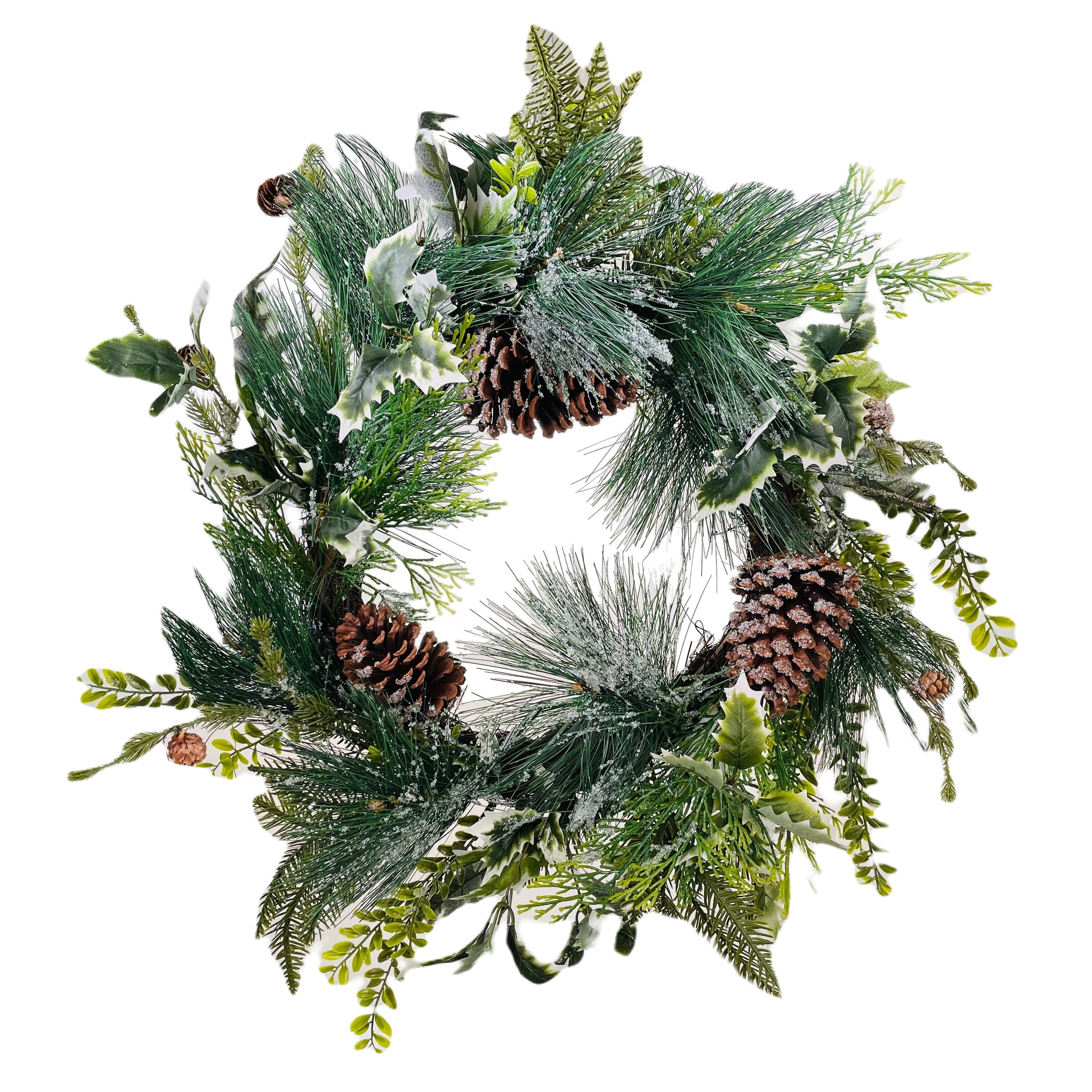 Wreath Iced Evergreen Mix with Natural Cones - Green - 24" Round x 5"D ...