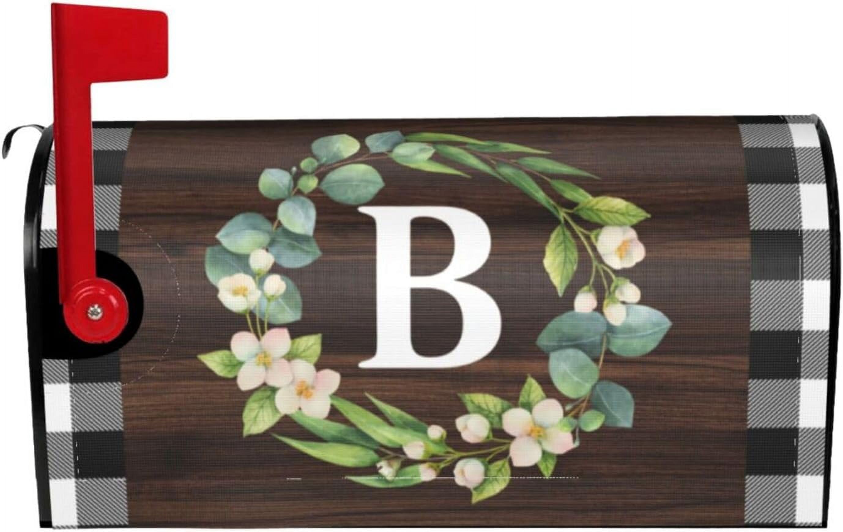 Wreath Monogram Letter B Mailbox Covers, Buffalo Plaid Outdoor Magnetic ...