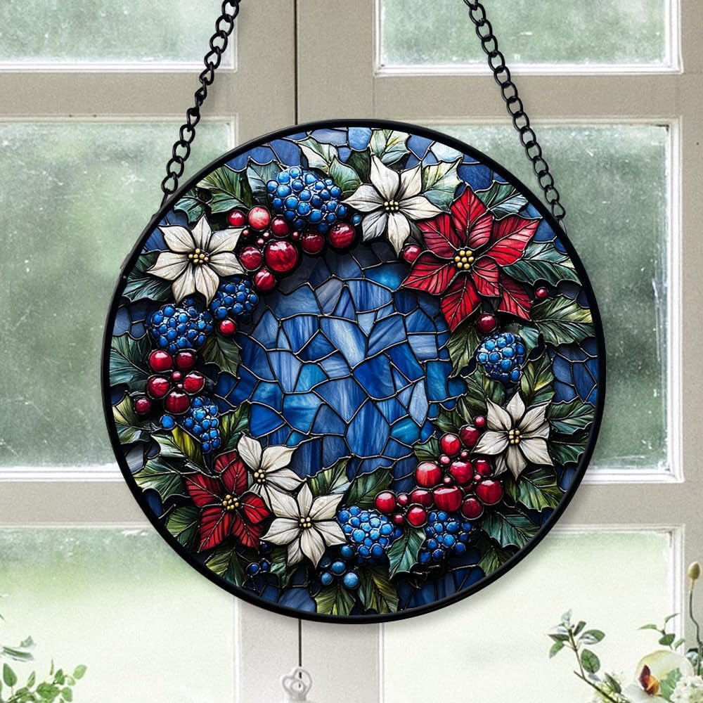 Wreath Stained Glass Suncatcher Ornament, Wreath Christmas, Wreath ...