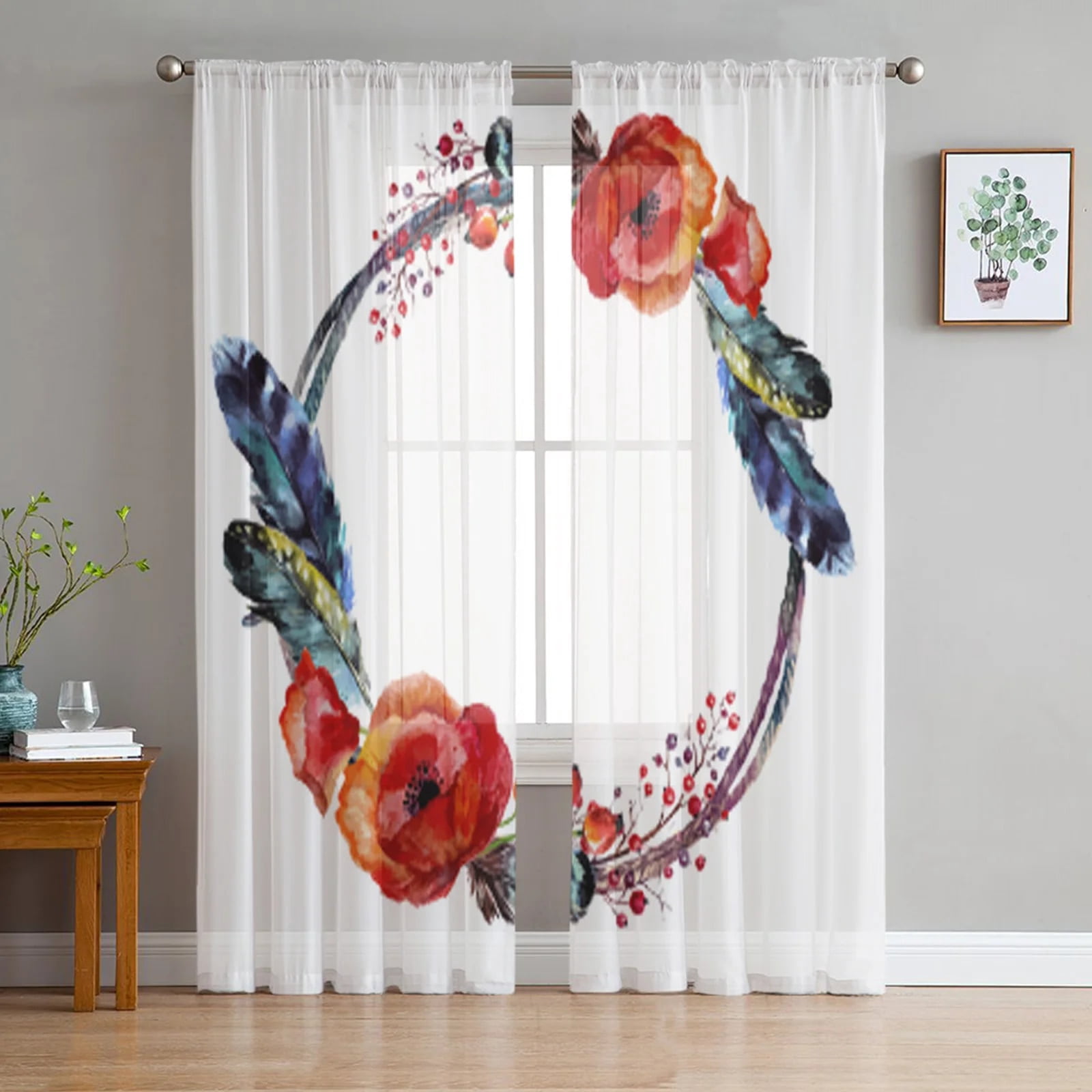 Wreath With Feathers In Boho Style Tulle Curtains For Living Room ...