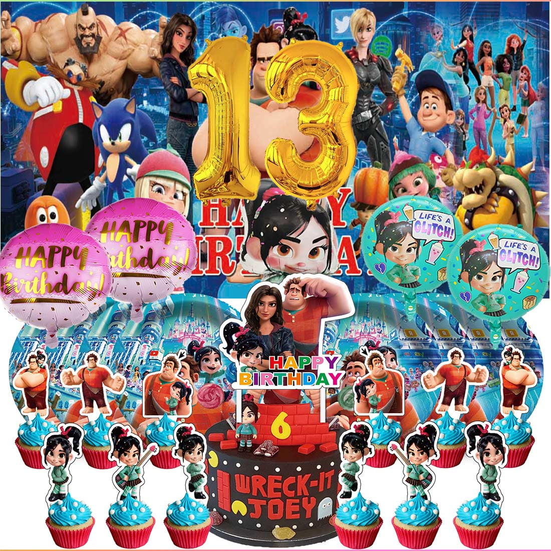 Wreck-It Ralph 13th Tableware Balloons Cake Toppers Backdrop Banner ...