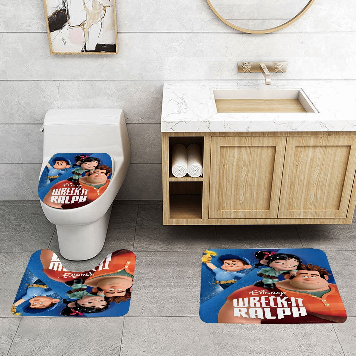 Wreck-It Ralph floor mat and toilet set is durable, machine washable ...