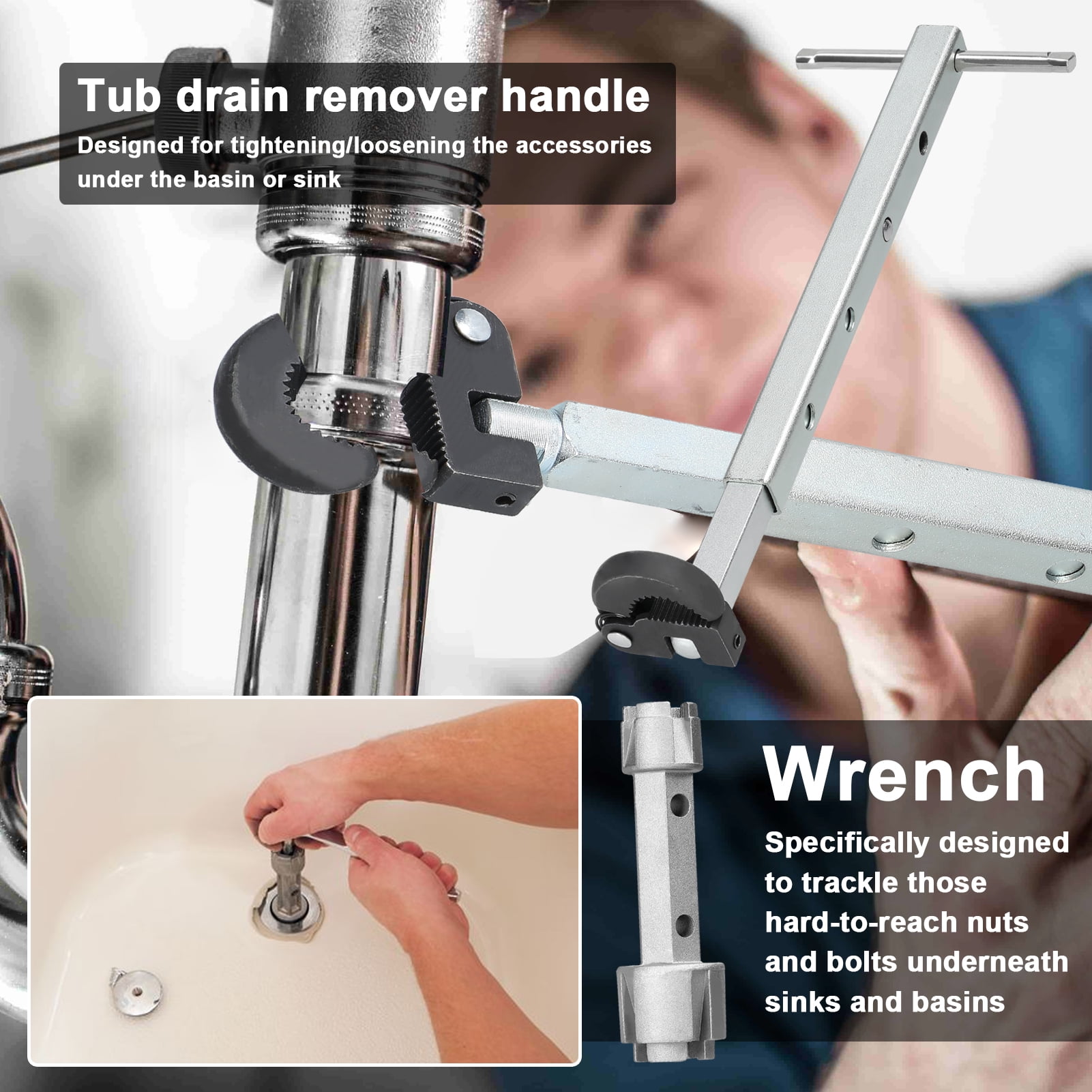Wrench,Wrench Adjustable Professional Plumber Jaw Tub Drain Silver ...