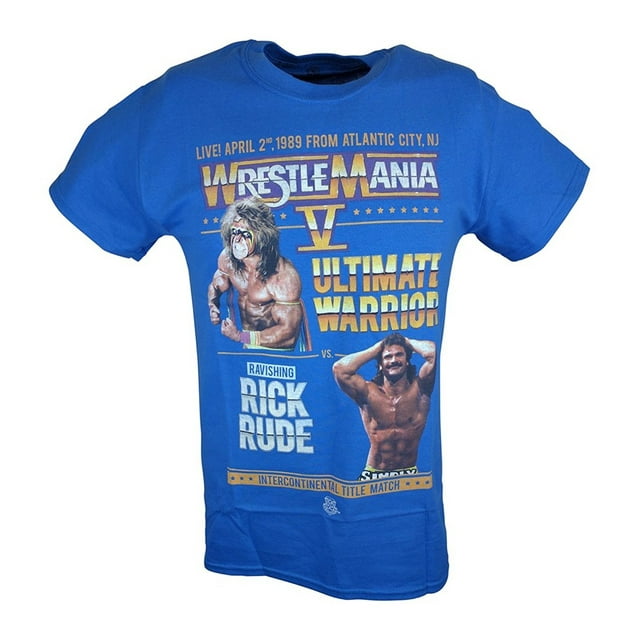 Wrestlemania 5 Ultimate Warrior vs Ravishing Rick Rude WWE Mens Blue T ...