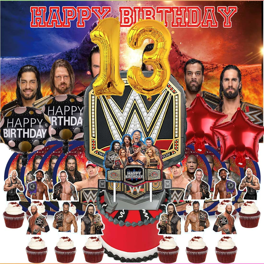 Wrestling 13th Tableware Balloons Cake Toppers Backdrop Banner Supplies ...