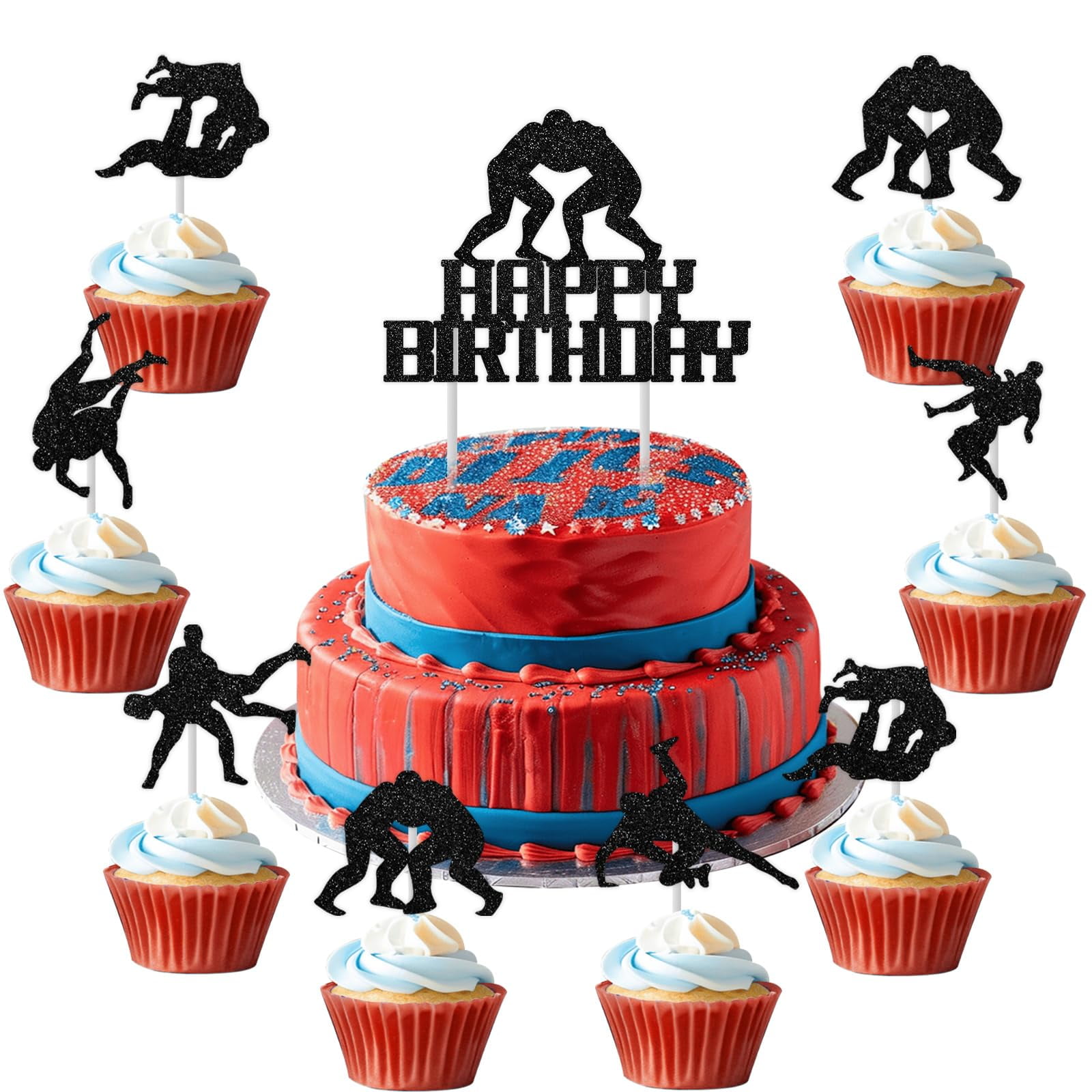 Wrestling Cake Decorations 25Pcs Black Glitter TVS1 Wrestling Happy ...
