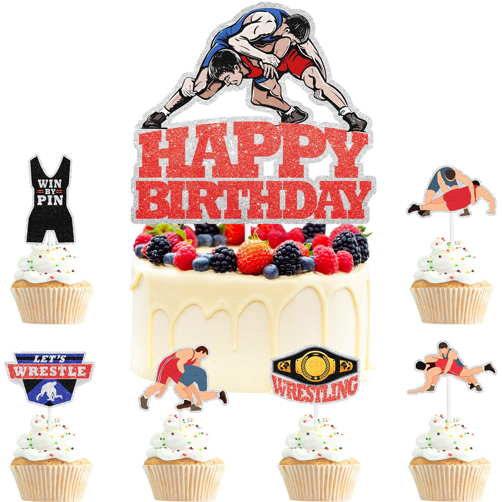 Wrestling Cake Toppers Set of 7 FSH1 Kids Wrestler Happy Birthday. This ...