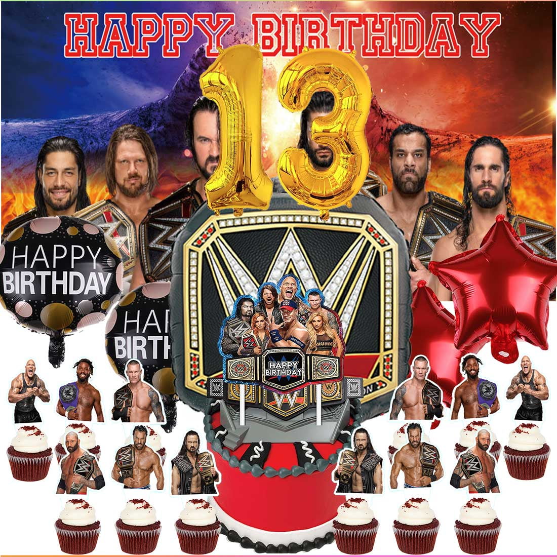 Wrestling Party Supplies Decor 13th Kit Balloons Birthday Cake Topper ...