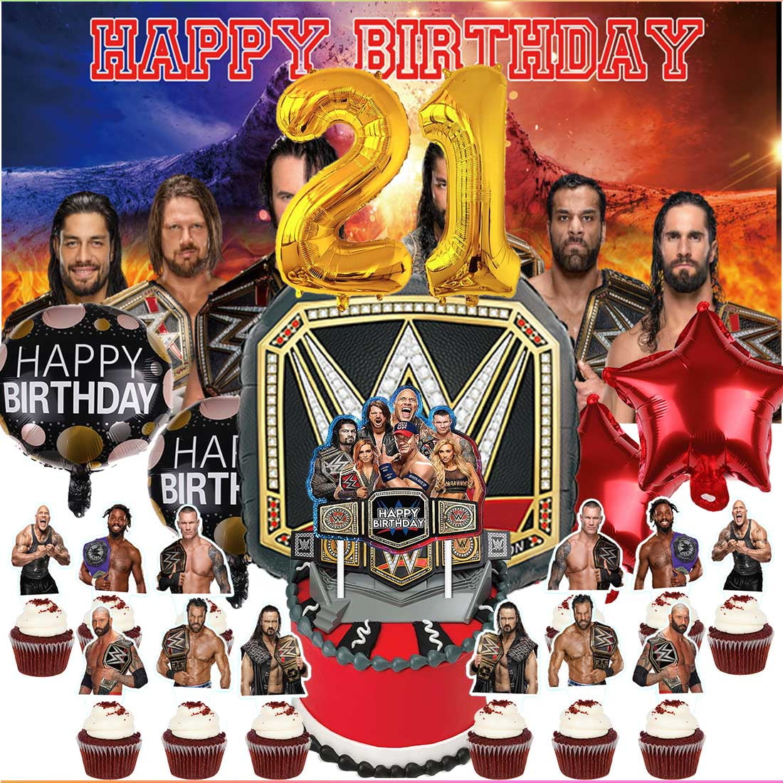 Wrestling Party Supplies Decor 21th Kit Balloons Birthday Cake Topper ...