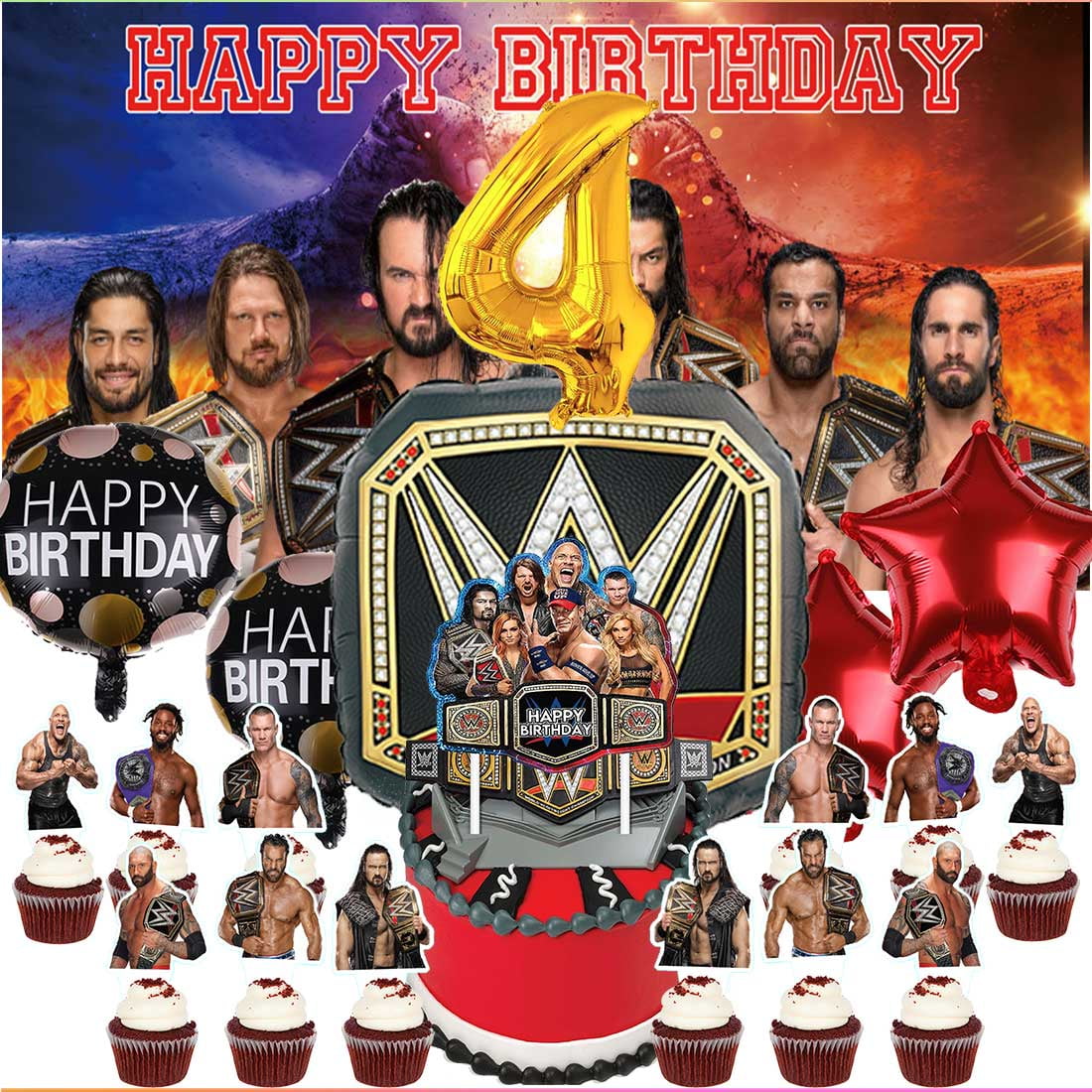 Wrestling Party Supplies Decor 4th Kit Balloons Birthday Cake Topper ...