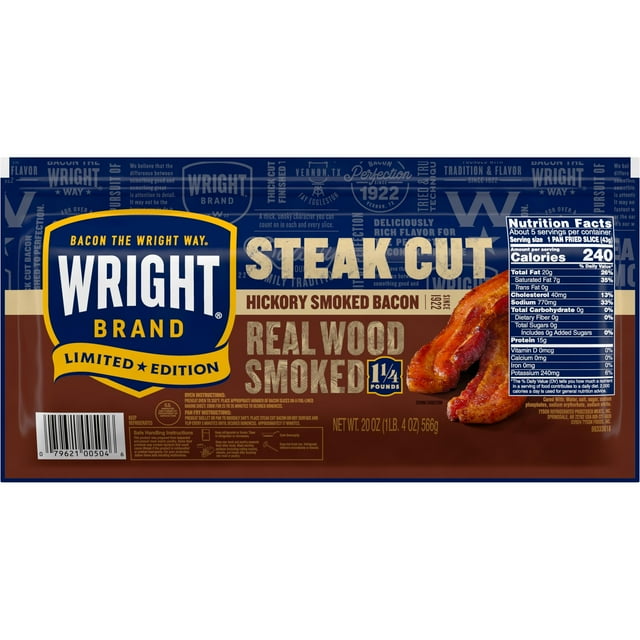 Wright Brand Hickory Real Wood Smoked Steak Cut Sliced Bacon, 20 oz ...