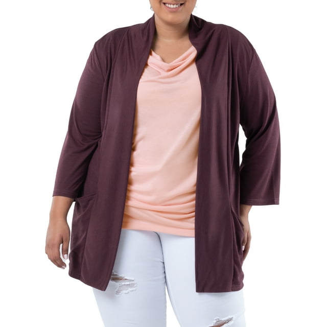 Wright's Women's Plus Size 3/4" Sleeve Draped Open Front Jersey Pocket ...