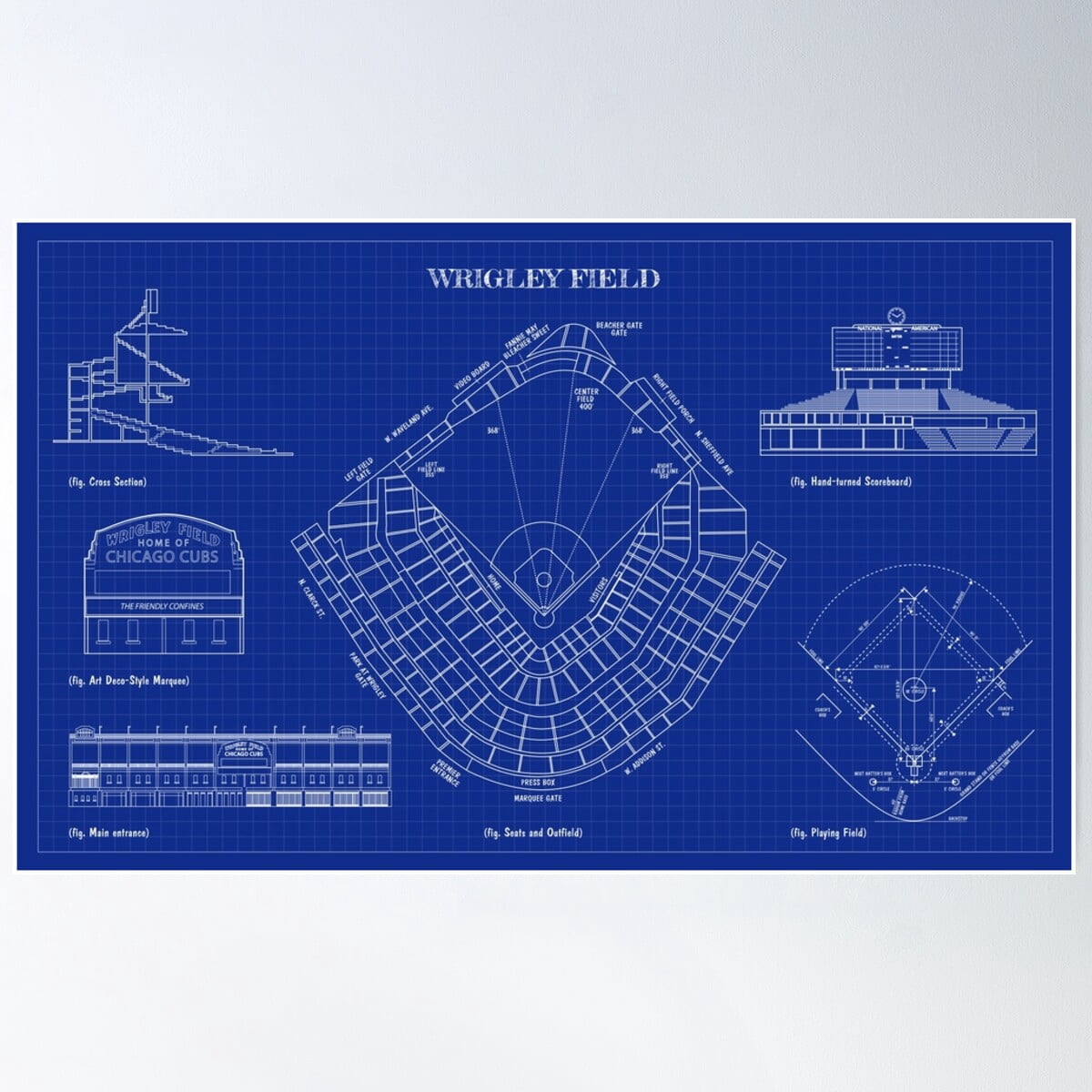 Wrigley Field (Blueprint) Poster Wall Art, Modern Wall Decor, 24x36 ...