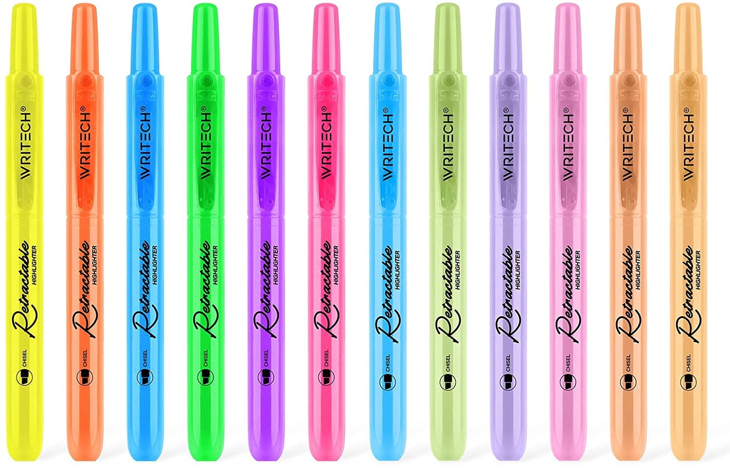 Writech Retractable Highlighters Chisel Tip Assorted 12 Neon& Pastel ...