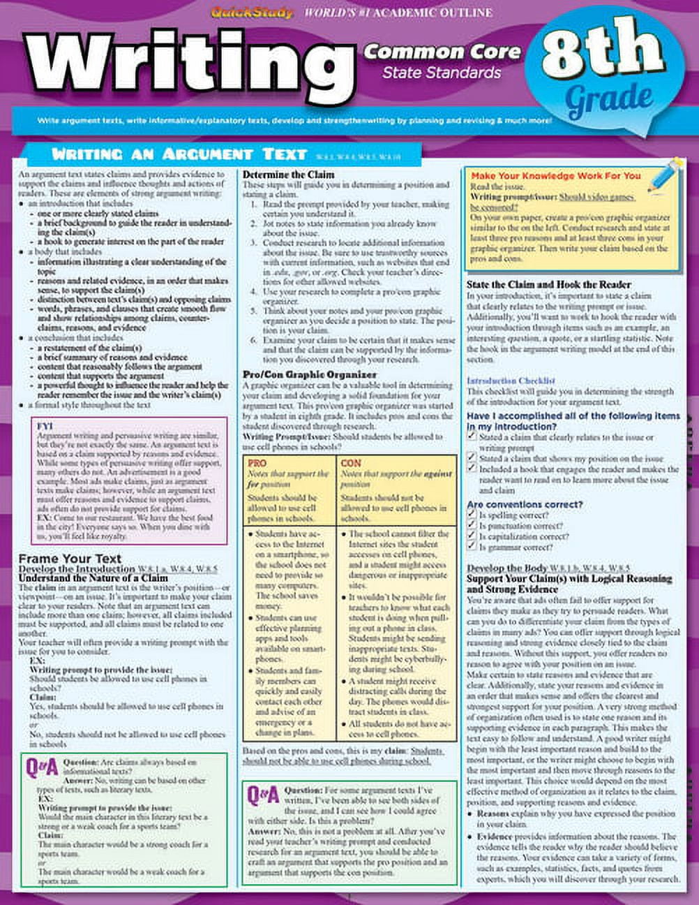 Writing Common Core 8th Grade : a QuickStudy Laminated Reference Guide (Other) - Walmart.com