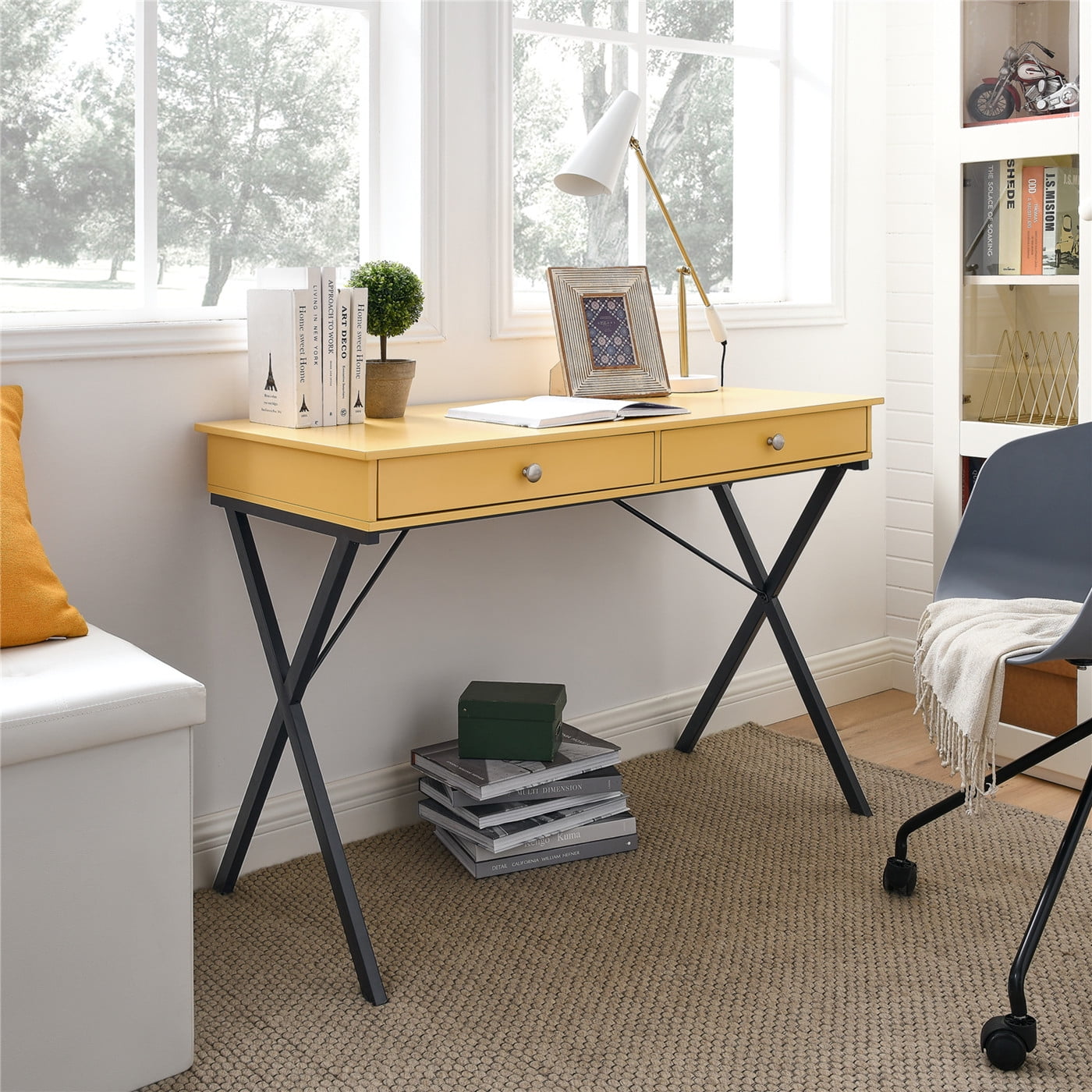 Writing Desk with 2 Storage Drawers, 42'' Modern Corner Table Computer ...
