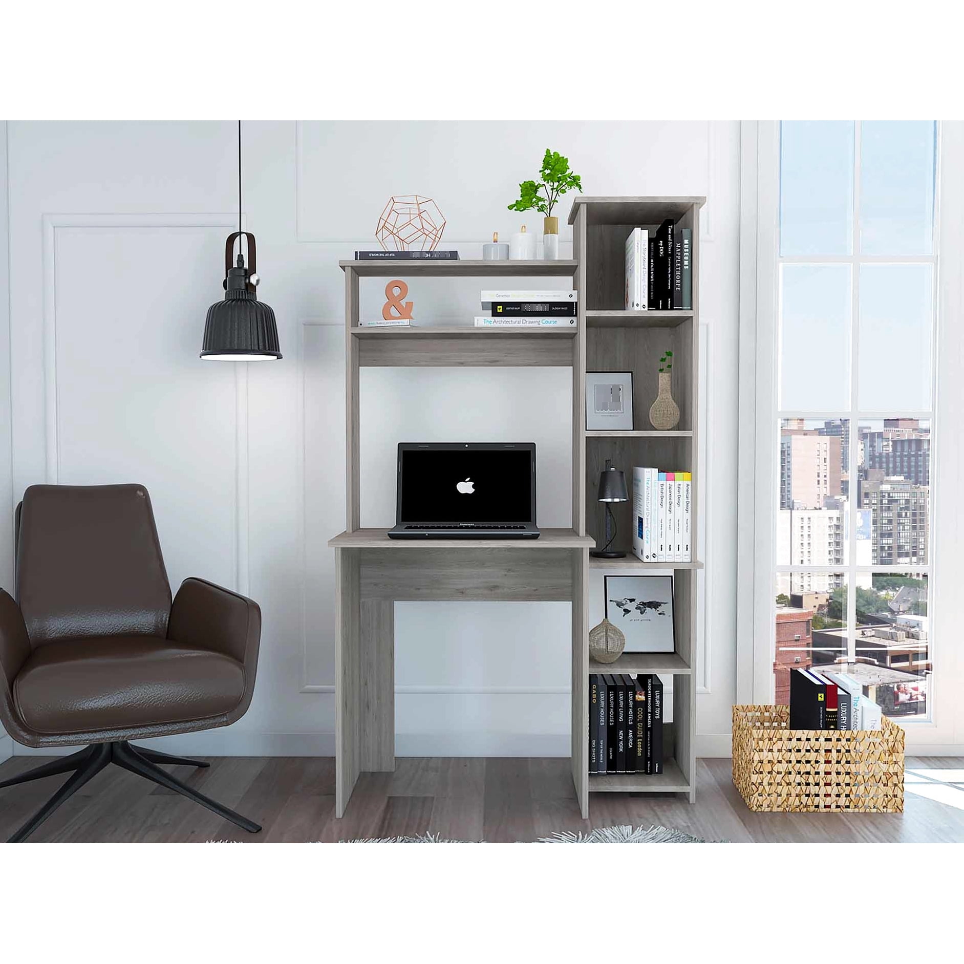 Writing Desk In Gray - Six Shelves Office Accessory Engineered Wood For ...